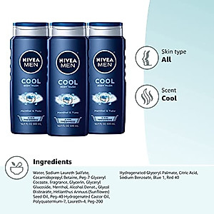 Nivea Men Cool Body Wash with Icy Menthol, Scented Body Wash for Men, Free of Parabens, Phthalates and Microplastic Particles, 3 Pack of 16.9 Fl Oz Bottles