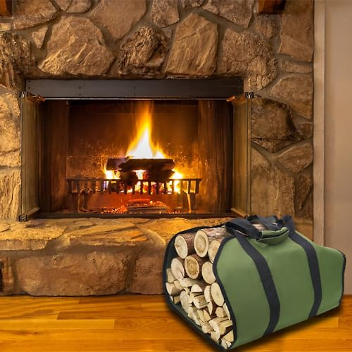 Hongmai Wood Carrier for Firewood with Handles, Canvas Firewood Log Carrier Tote, Firewood Holder Fireplace Accessories, Firewood Carrier Bag for Indoor, Outdoor, All Weather Camping (Green)
