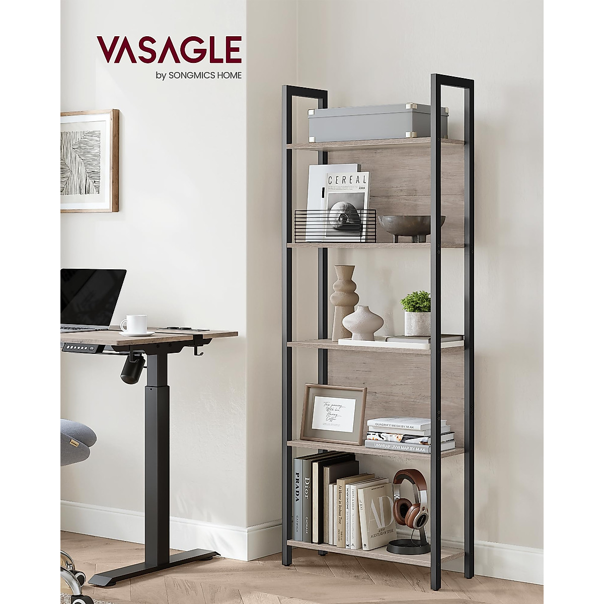 VASAGLE 5-Tier Bookshelf, Book Shelf, Industrial Bookcase, with Steel Frame, for Living Room, Home Office, Bedroom, 9.4 x 24.4 x 65 Inches, Greige and Black ULLS025B02