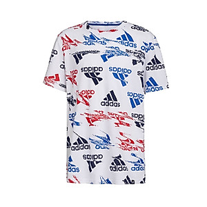 adidas Boys’ Glitchy Allover Print T-Shirt (Medium, White/Multi)