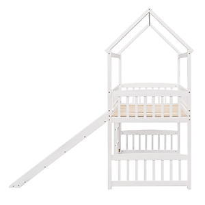 Twin Loft Bed with Slide, Wood House Loft Bed Twin with Slide and Safety Guardrail, Kids Twin Bedframe with Slide, House Loft Bed for Kids Teens Boys Girls, No Box Spring Needed (White, Twin)