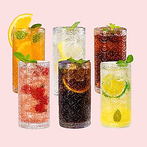 Vintage Glassware Highball Drinking Glasses - 13 Oz Cocktail Glasses Set of 6 Floral Glass Cups Embossed Cocktail Juice Water Coffee Cups - Lead-Free & Dishwasher Safe - Ideal Gifts