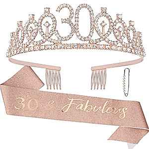 CAVETEE Rose Gold 30 & Fabulous Birthday Sash and Crown 30th Birthday Tiaras and Sash Set for Women Birthday Decorations Birthday Queen Crowns Tiaras for Women