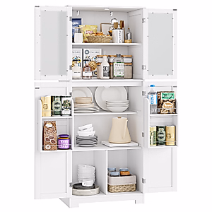 BOTLOG Tall Kitchen Pantry, 67-Inch High Freestanding Tall Cupboard Storage Cabinet with Glass Doors and Shelves, Modern Food Pantry Cabinet Cupboard White for Kitchen, Dining Room, Home bar