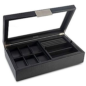Glenor Co Valet Jewelry Box for Men - Holds 6 Watches, 12 cufflinks, 2 Sunglasses & Tray Storage - Mens Watch Case - CarbonFiber Organizer w Metal Accents, PU Leather & Large Glass Lid - Black