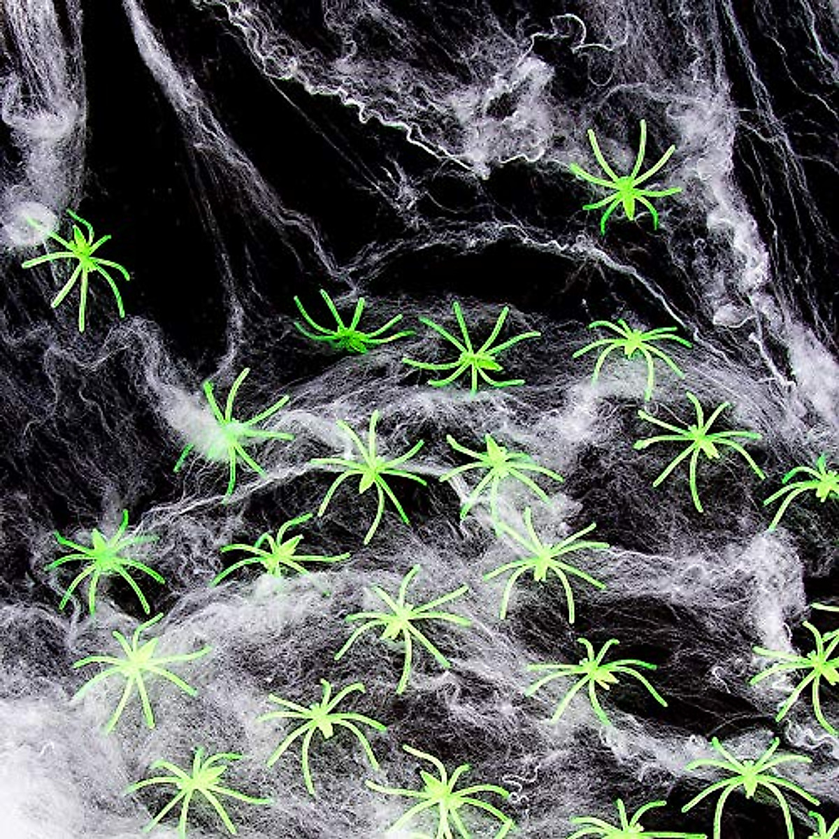 WXJ13 Halloween Decorations Spider Webs with 200 Glow Spiders Spooky Spider Webbing with 2 Black Fake Spiders for Halloween Party Decorations