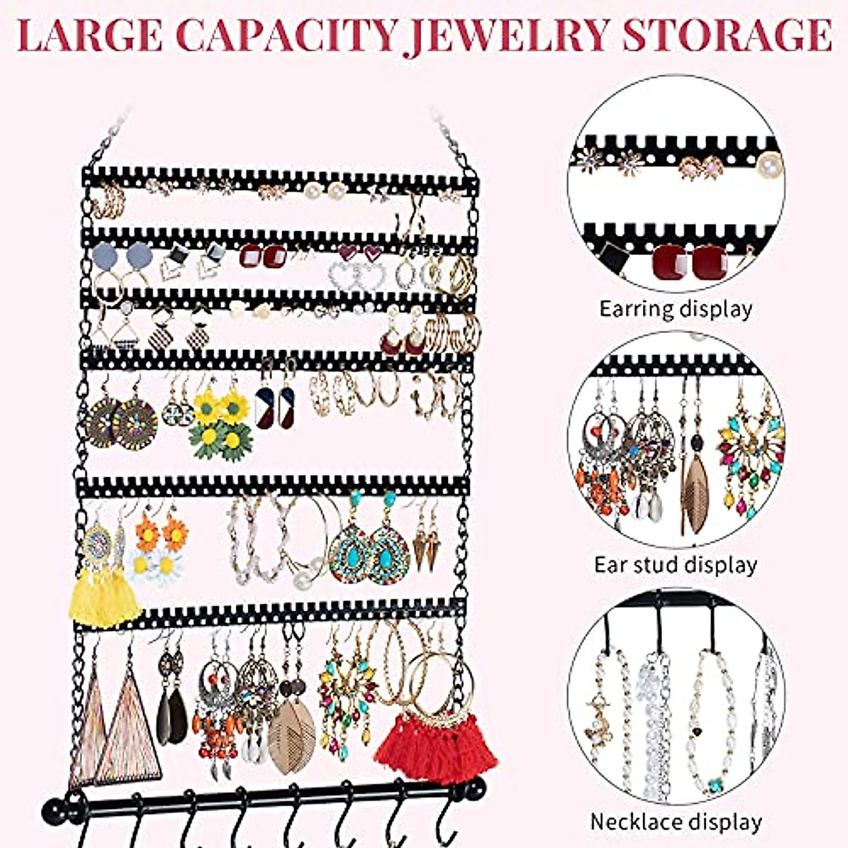 WHZFNB Wall Earring Organizer, Hanging Jewelry Organizer Earring Holder Stand with 20 Backs and 8 hooks for Hanging Earring, Necklace, Bracelet (Black)