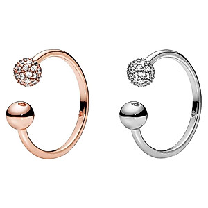 YENAKING Authentic Silver Sparkling Rose Polished & Pave Bead Open With Crystal Ring For Women Wedding Party Fashion Jewelry