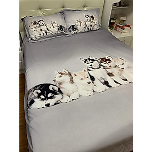 JF-107 3pcs Husky Babies 3D Digital Animal Print Bed Sheet Set Dogs Duvet Cover Set Grey Bedding Sets Twin Full Queen King Size, not Comforter (Twin)