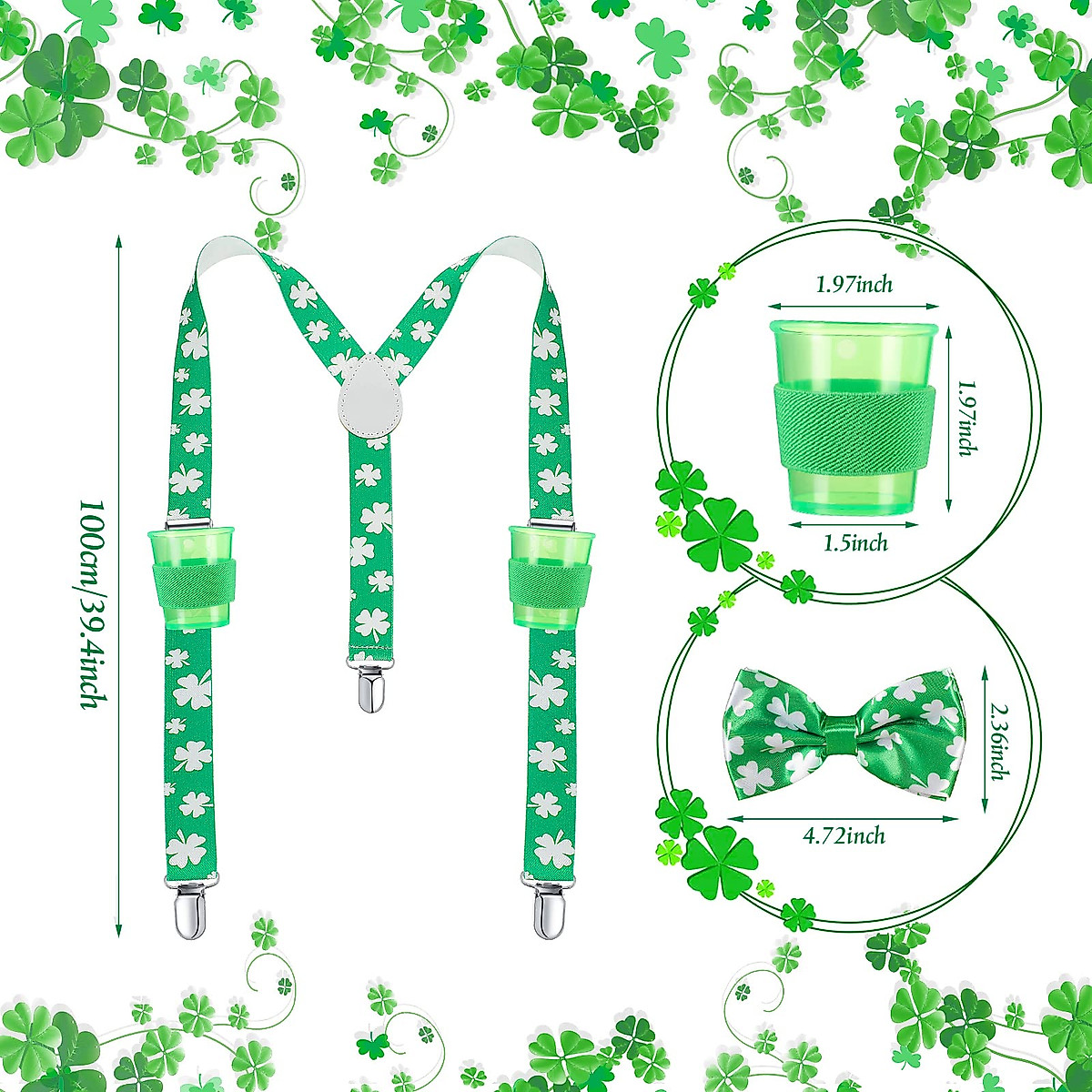 Geyoga St Patricks Green Suspenders St Patricks Day Suspenders Adjustable Elastic Men's Suspenders with Clips Shamrocks Suspender with Shamrocks Bowtie Cups Pins Saint Patricks Day Accessories