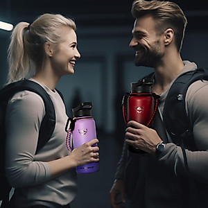 NATURE PIONEOR Insulated Water Bottles with Paracord Handle - 32 oz Vacuum Sports Wide Mouth Water Bottle with 3 Lids, Leak Proof Stainless Steel Keeps Hot and Cold