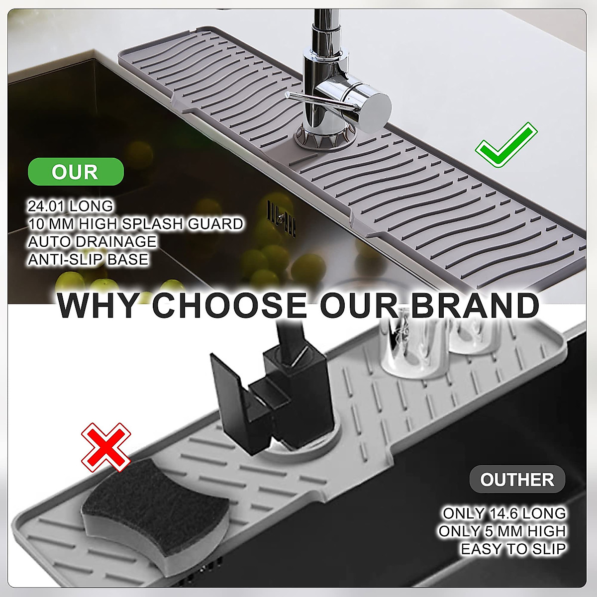 ODRAGO Silicone Kitchen Sink Splash Guard - 24.01 Inch Faucet Mat for kitchen Sink Water - Longer Faucet Handle Drip Catcher Tray-Sink Guard for Kitchen Sink (Grey)