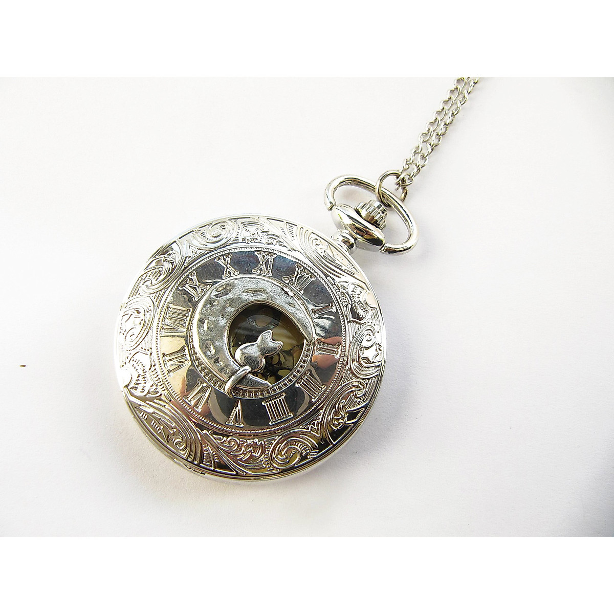 watch necklace Cat Moon Pocket, cat Necklace,Moon Necklace,cat Lady,Celestial Necklace,Cat Lover