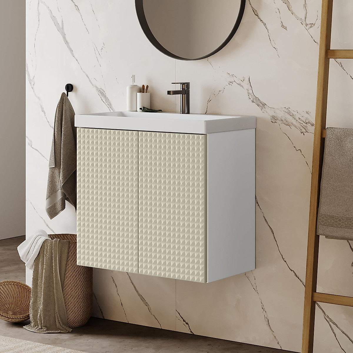 Distinct Kitchen and Bath Bolero 24" Bathroom Vanity Sink Combo for Small Space | Wall Mounted Bathroom Vanity Set with Ceramic Sink | Modern Floating Bathroom Cabinet with Sink (White/Coffee)