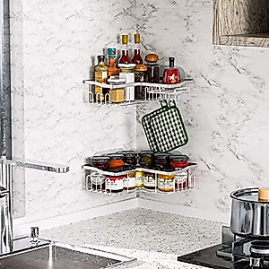 Shower Caddy Corner with Soap Holder, 2 Pack Stainless Steel Shower Organizer Corner with 11 Hooks, No Drilling & 6 Strong Adhesives Corner Shower Shelf Bathroom Organizer for Shower Room, Silver