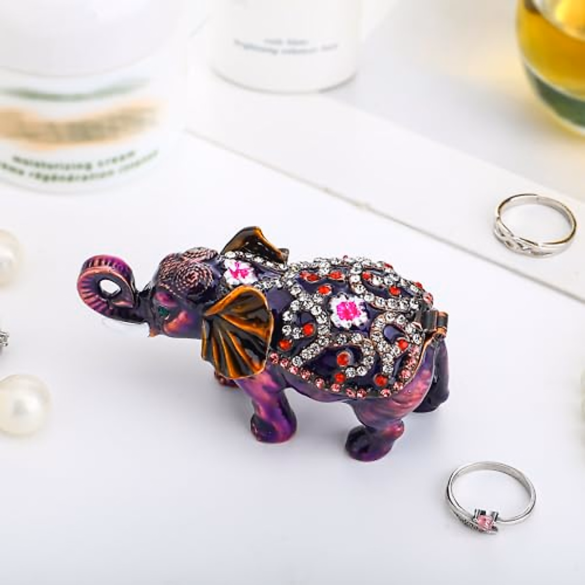 YU FENG Elephant Animal Jewelry Box Hinged Collectible Elephant Figurine Decor Trinket Box (Purple)