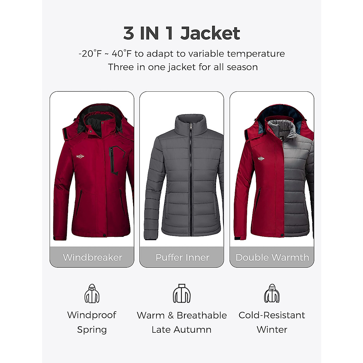 wantdo Women's 3 in 1 Ski Jacket Puffer Liner Insulated Hiking Coat Red X-large