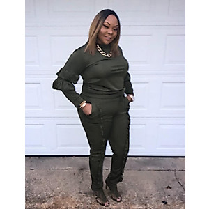 KANSOON Women 2 Pieces Outfits Long Sleeve Sweatshirt and Bodycon Ruffle Sweatpants Tracksuits Black Large