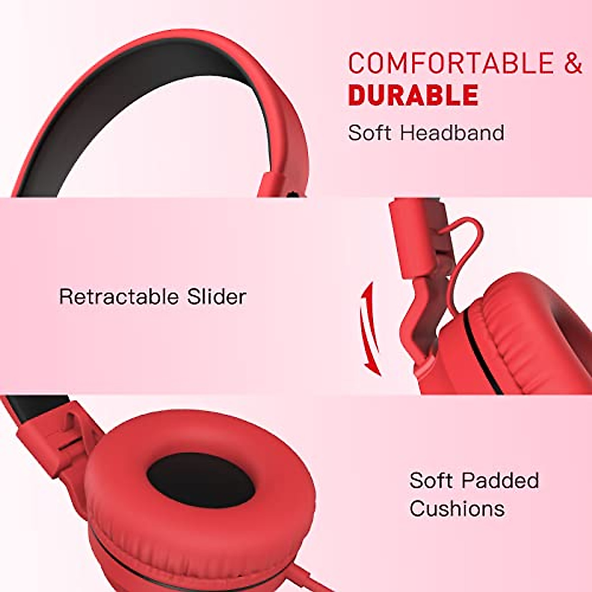 rockpapa 950 Headphones with Microphone for Kids for School Computer, On-Ear Headphones Wired Foldable for Boys chilrens Girls Teens Students Youth Adult Black Red