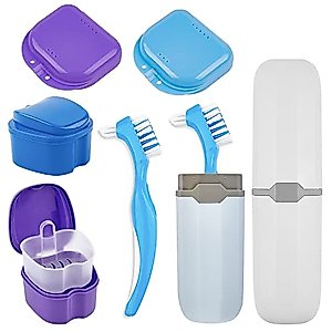 Jutieuo 8Pcs Denture Case Kit, 2 Denture Bath Case Cups, 2 Dual-Headed Denture Toothbrushes, 2 Portable Brush Boxes, 2 Retainer Holder Boxes, Dentures Holder for Travel Retainer Cleaning (Blue)