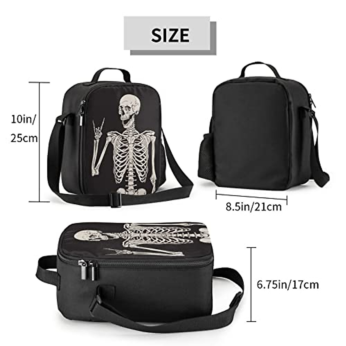 PrelerDIY Funny Skull Lunch Bag Tote Lunch Box Food Bag for Boys Girls with Zipper & Side Pocket & Shoulder Strap