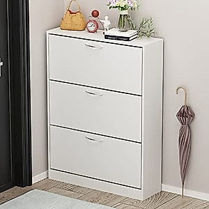 Shoe Cabinet for Entryway White Narrow Storage Flip Down Modern Contemporary MDF Metal Matte