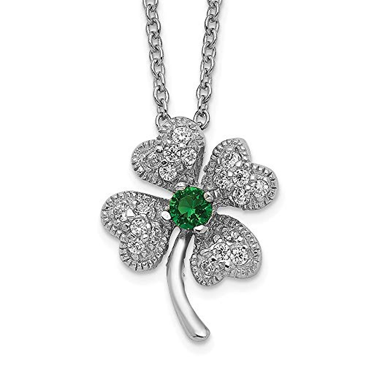 IceCarats 925 Sterling Silver Green Glass White Cubic Zirconia CZ 4 Leaf Lucky Clover Shamrock Flower Necklace 15 inch Chain