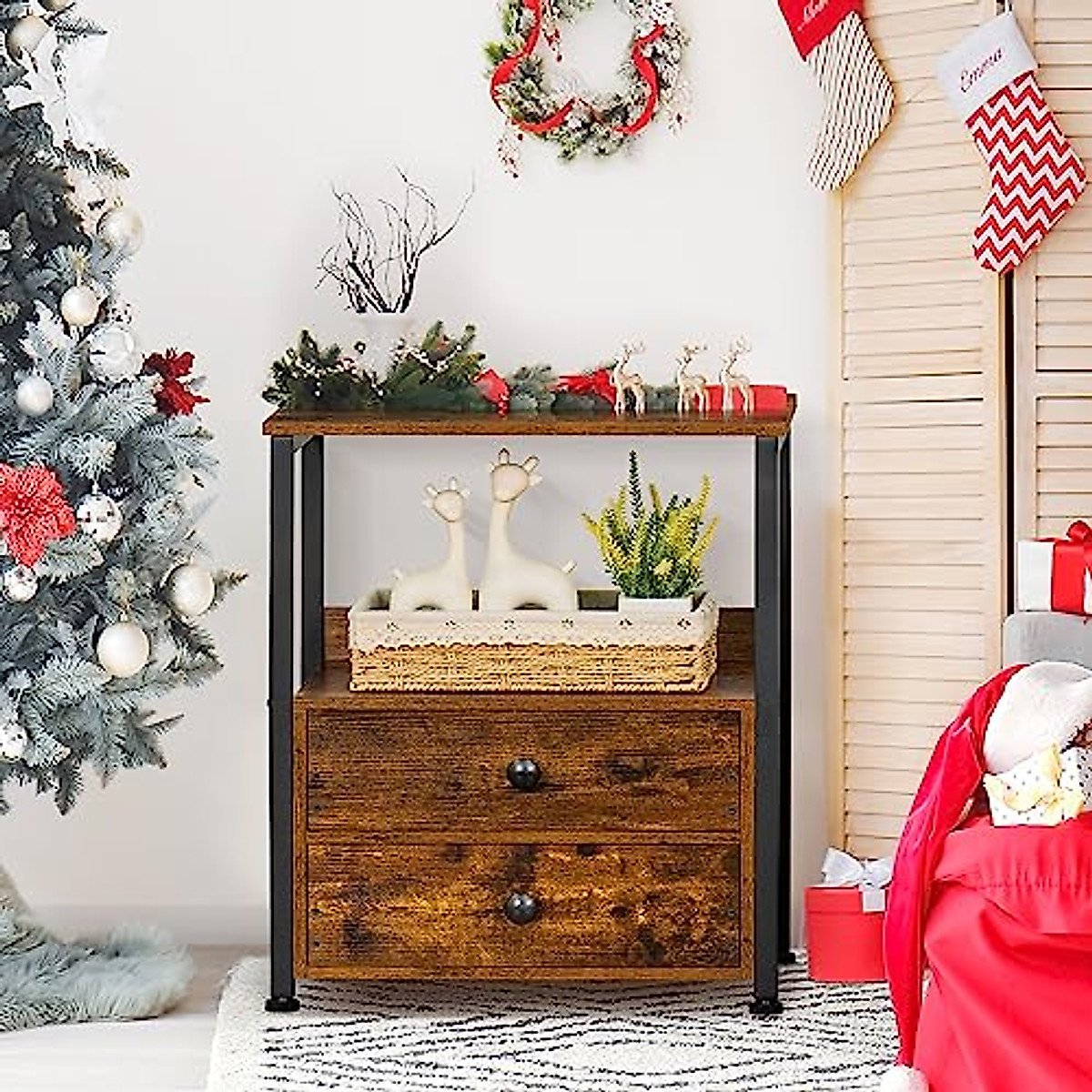 Lerliuo Nightstand, Industrial Bed Side Table with 2 Drawers Storage Open Shelf, Sturdy End Table with Steel Frame, Night Stand for Bedroom, Living Room, Vintage Brown