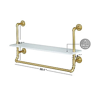 BOTAOYIYI Gold Clothing Rack, 40 inch Industrial Pipe Clothing Rack, Hanging Garment Clothes Wall Mounted with Shelves Shelving Rod White for Boutiques Retail Laundry Room Bedroom(39.4x9.8x19.7)