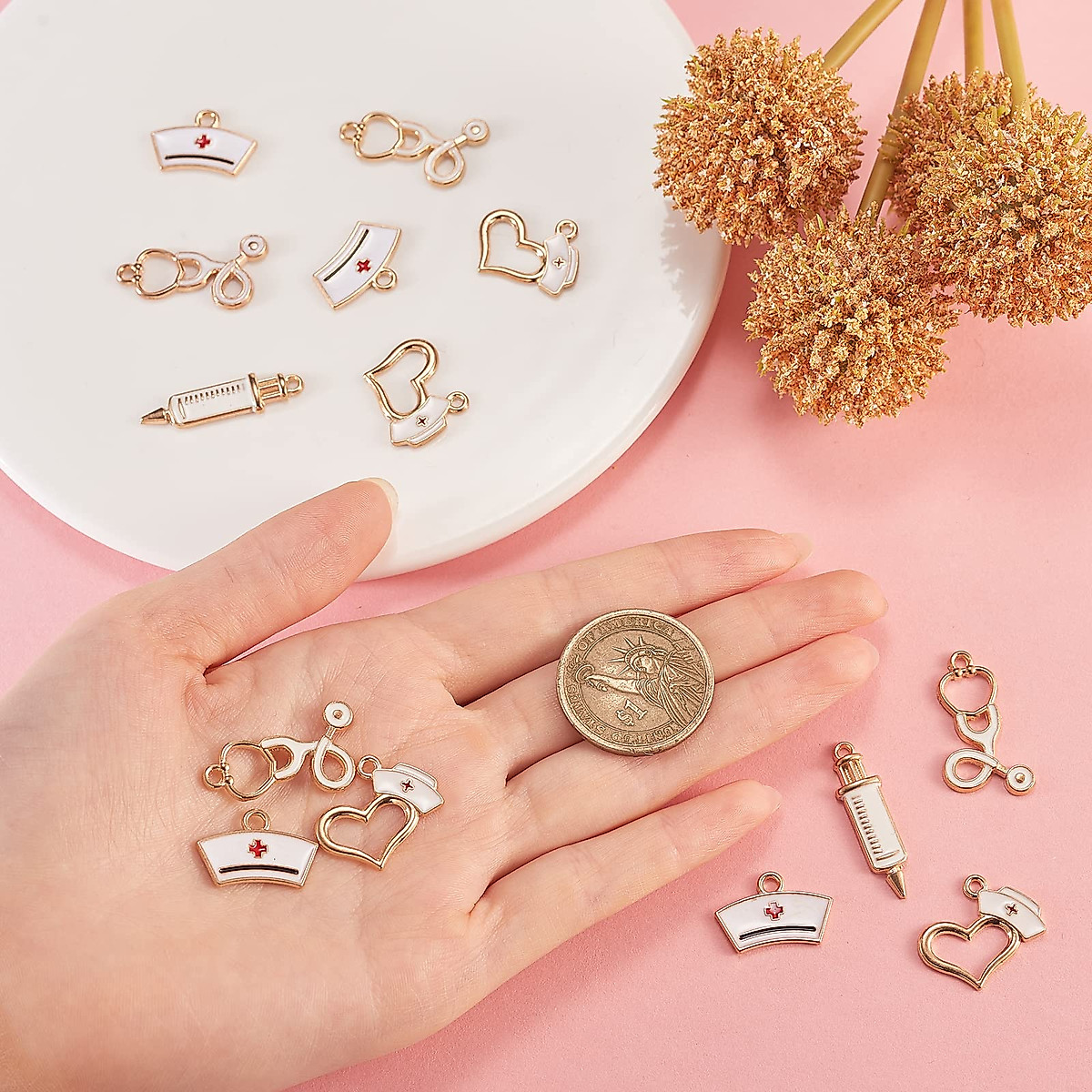DanLingJewelry 20 Pcs Medical Nurse Charms Echometer Stethoscope Syringe Nurse Cap Pendant Charms for Jewelry Making