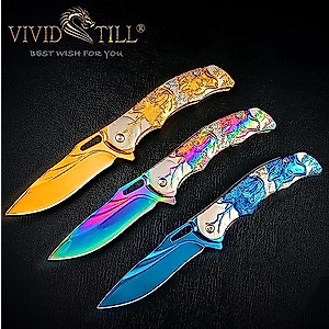 Pocket Knife for Men, Folding Knife With Clip & 3D TITANIUM PLATED WOLF Relief, Embossed Edc Knife For Men Outdoor Survival Camping Hiking hunting (Rainbow)