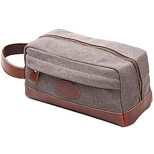 Vintage Leather Canvas Travel Toiletry Bag Shaving Dopp Kit #A001 (Grey)