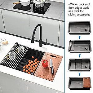 33 Black Undermount Workstation Kitchen Sink, Scamall 33 X 19 X 10 Inches 16 Gauge Nano Black Stainless Steel Single Bowl Workstation Kitchen Sink With Offset Drain SML006SBG