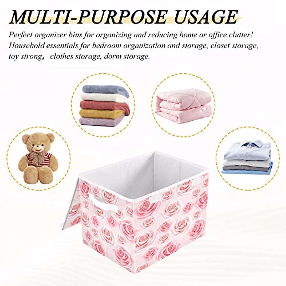 Kigai Rose Pink Storage Basket with Lid Collapsible Storage Bin Fabric Box Closet Organizer for Home Bedroom Office 1 Pack