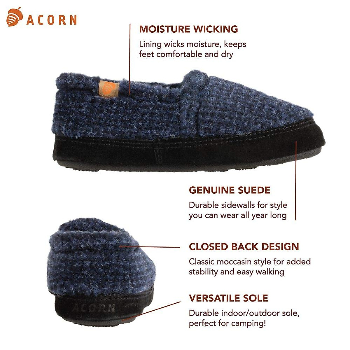 Acorn Kids' Moc Slipper, Blue Check, 3-4 Big Kid