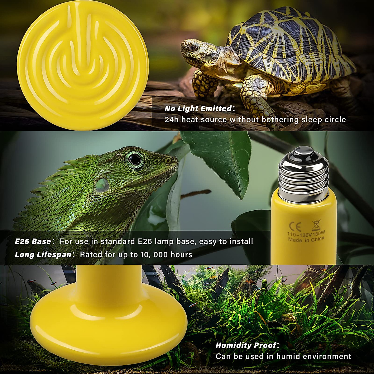 Simple Deluxe Ceramic Heat Emitter Heating Bulb No Light Reptile Heat Lamp, Brooder Coop Heater for Terrarium Amphibian Pet Snake Turtle, Incubating Chicken, 150W, 2 Pack, Yellow