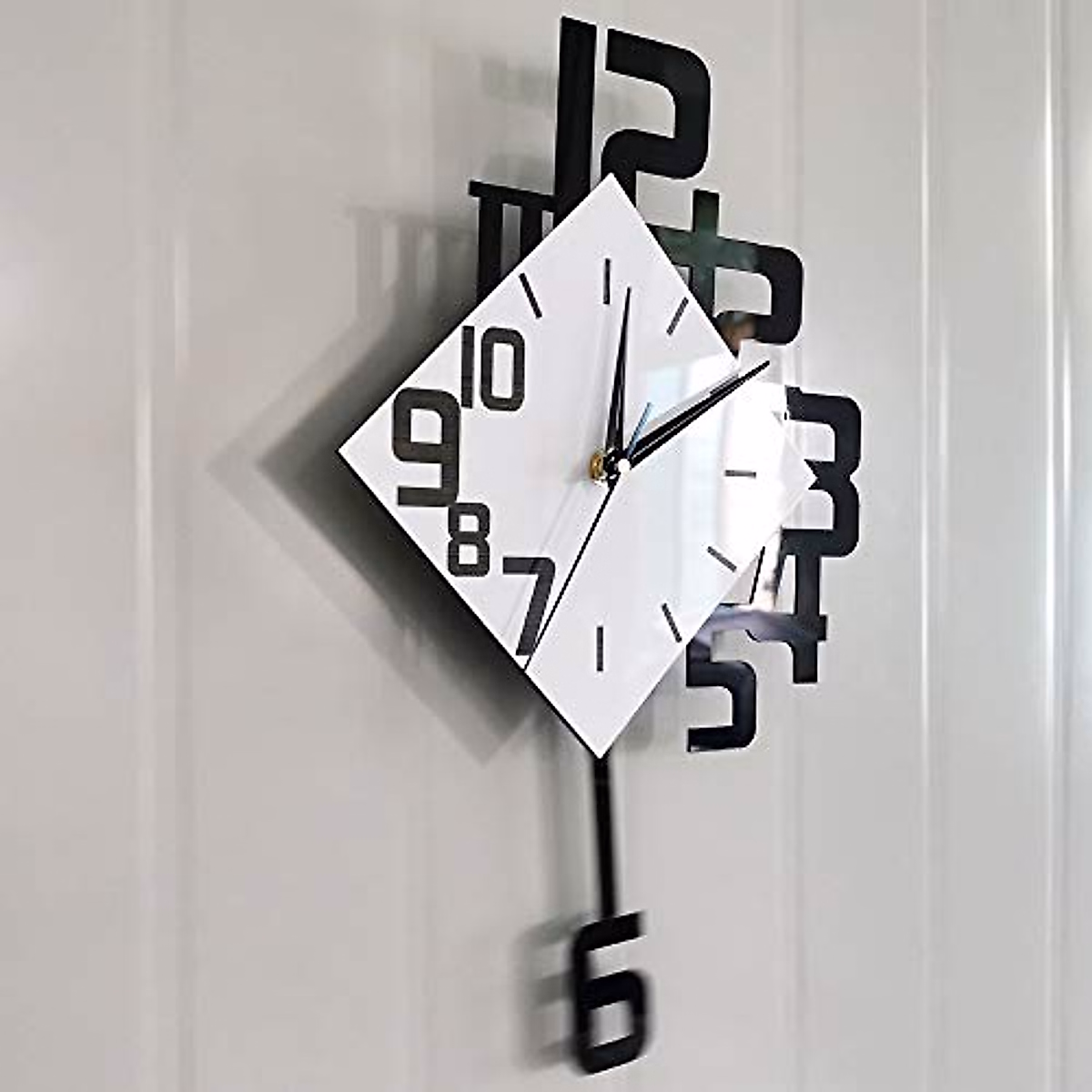 The Geeky Days Large Numbers Pendulum Clock Black and White Modern Design Irregular Numerals Decorative Fashion Silent Quartz Wall Watch with Swinging Number