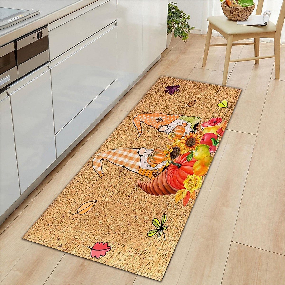 ROTORS Fall Gnome Pumpkin Decorative Kitchen Mats Set of 2, Fall Halloween Thanksgiving Rustic Yard Kitchen Rug with Non-Slip Rubber, Gnome Seasonal Decorative Floor Mat Doormat