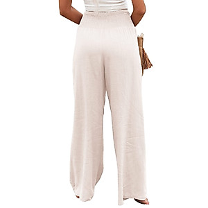 Women Linen Pants Elastic High Waist Wide Leg Palazzo Lounge Pants Casual Loose Beach Pants with Pockets (M, White)