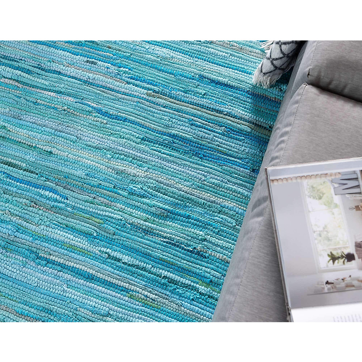 Unique Loom Chindi Cotton Collection Soft Hand Woven Natural Fiber Striped Area Rug, 2 ft 2 in x 6 ft 7 in, Turquoise/Ivory