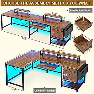 SEDETA 69" L Shaped Gaming Desk, Convertible L Office Desk to Long Computer Desk, Gaming Desk with LED Lights, Corner Desk with File Drawers & Keyboard Tray for Home Office, Rustic Brown