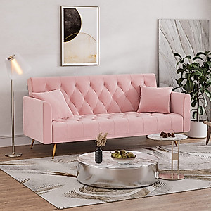 DAMAIFROM 71" Velvet Futon Sofa Bed, Modern Convertible Sleeper Sofa Loveseat, Tufted Futon Couch with Metal Legs for Small Living Room Office Bedroom, Pink
