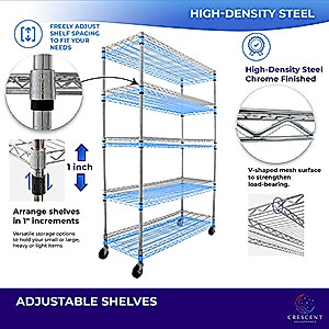Crescent 4000 LBS 36L 18W 76H Chrome, 5 Tier Racks for Storage, Heavy Duty Wire Shelving Rack with 4" Casters