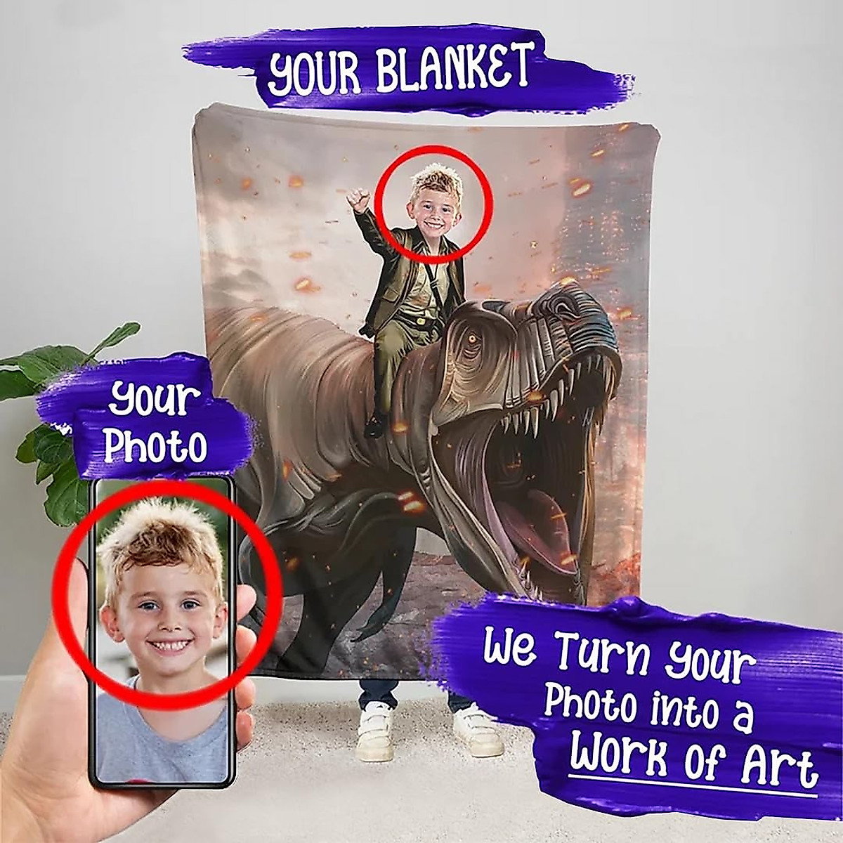 Duckbe Custom Photo Blanket - Dinosaur Designs with Customizable Picture - Soft Flannel Blanket with Double Layer Dotted Backing for Baby Toddler Kids Teen Boys Girls Adults Gifts T-Rex-Boy