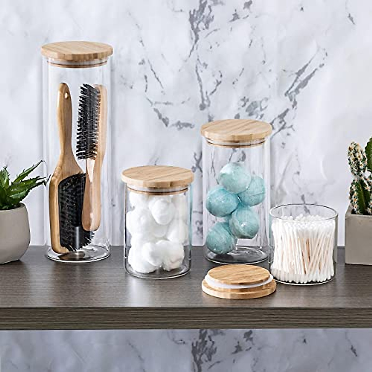 Sugar Packet holder Canister Set of 5, Glass Kitchen Canisters with Airtight Bamboo Lid, Glass Storage Jars for Kitchen, Bathroom and Pantry Organization Ideal for Flour, Sugar, Coffee, Cookie Jar, Candy, Snack and More