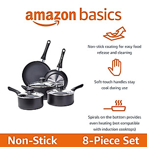 Amazon Basics Non-Stick Cookware Set, Pots and Pans - 8-Piece Set