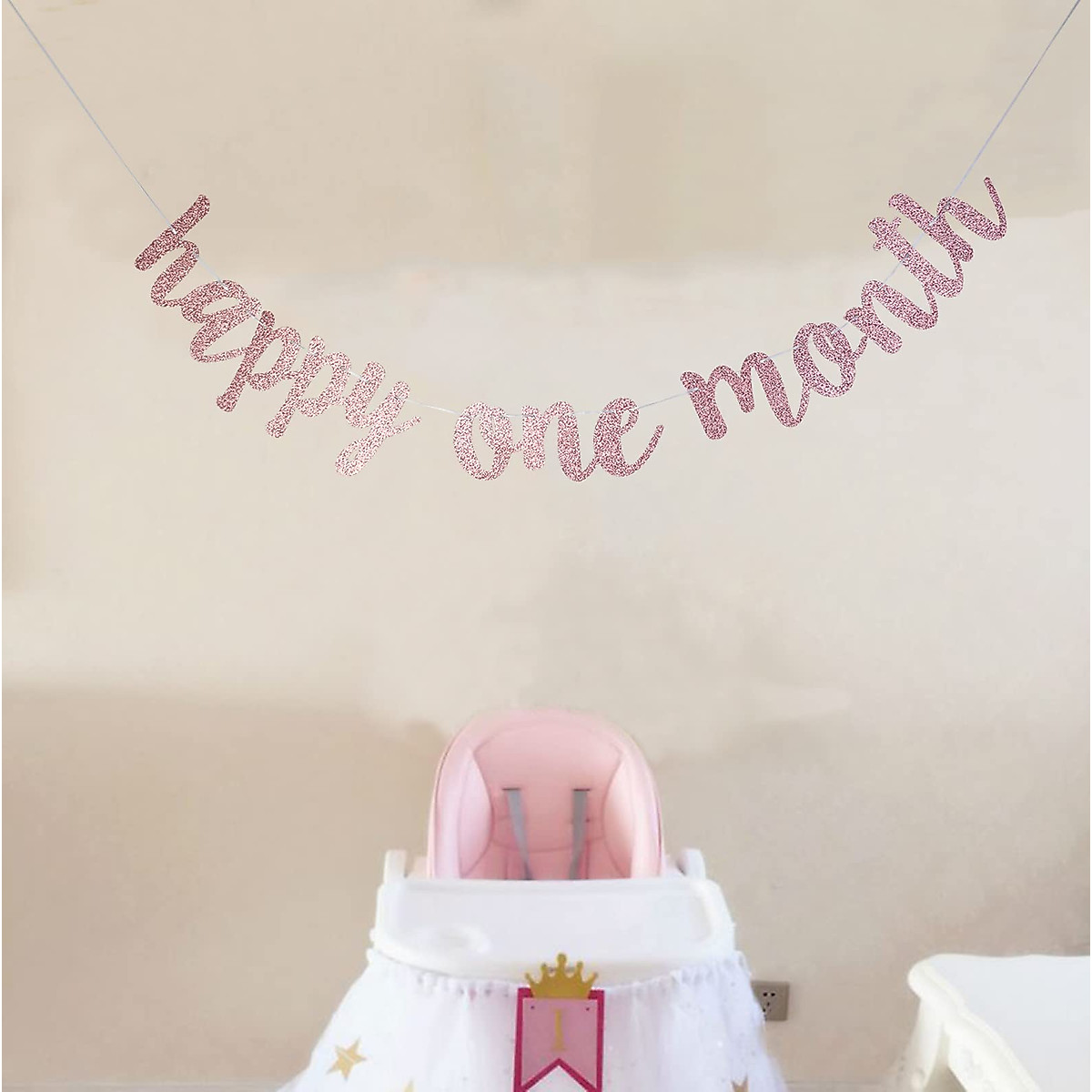 Starsgarden Glittery Rose Gold Happy One Month Banner, Baby Boys/Girls' 1 Months/Half Year Birthday, Baby Shower Party Gold Gliter Paper Sign(Rose Gold One Month)