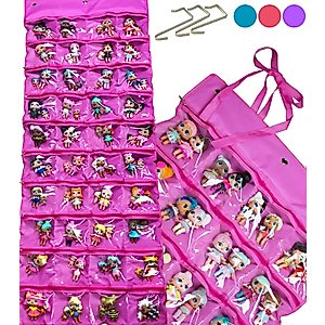HOME4 LOL Toys Hanging Over The Door Storage Organizer Carrying Travel, 40 Clear View Pockets, Roll Up, for Small Dolls, Cars, Jewelry, Hair Accessories, Arts & Crafts, Bead, Sewing and More (Pink)