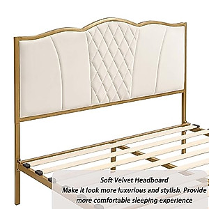 Queen Size Platform Bed Frame with Upholstered Headboard, Platform Bed Frame with Metal Frame & Sturdy Wood Slat Support, No Box Spring Needed for Bedroom Family Furniture Boys Girl (Queen, Beige)