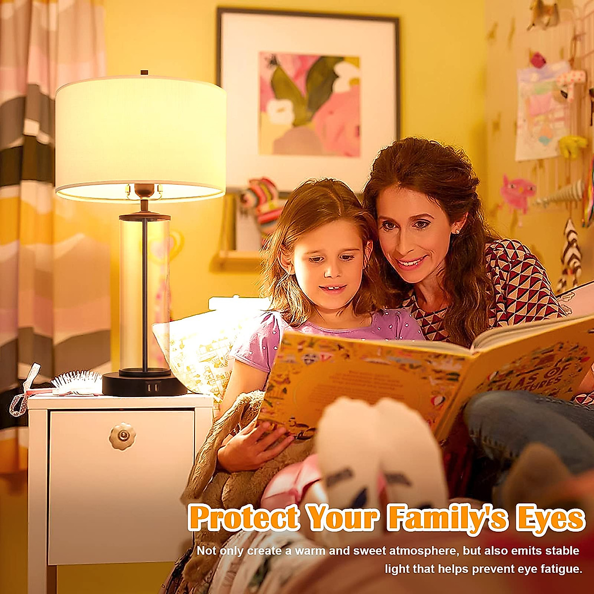 Modern Touch Control Dimmable Table Lamps with 2 USB Ports for Living Room Set of 2, 3-Way Dimmable Bedside Lamps with White Fabric Drum Shades for Reading Bedroom Nightstand Hotel, LED Bulbs Included